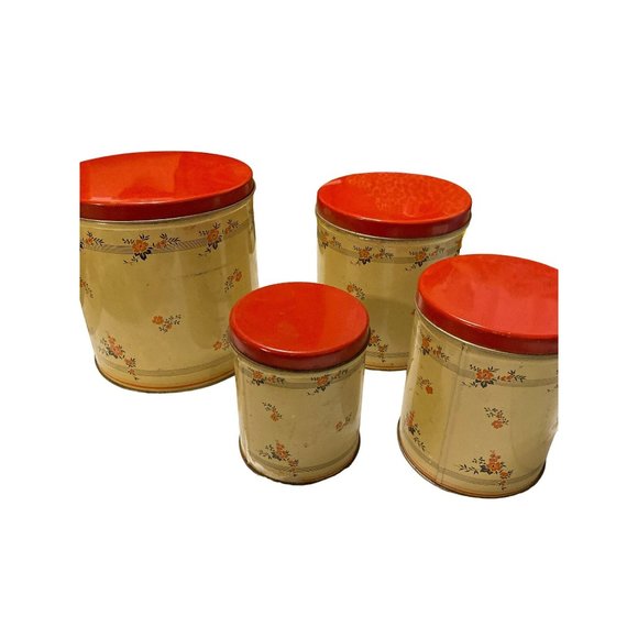 Unknown | Kitchen | Vintage Set Of 4 Red Floral Print Tin Canisters ...